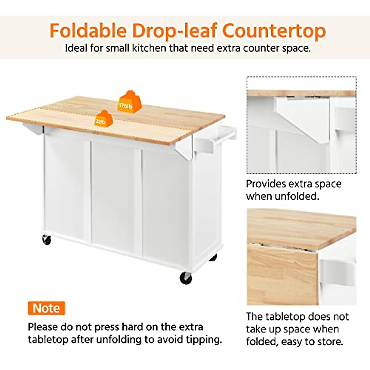 Yaheetech Kitchen Cart with Drop-Leaf Countertop, Kitchen Island on 5 Universal Wheels with Storage Cabinet and 3 Drawers for Dinning Room, L53xW18xH36 in, White