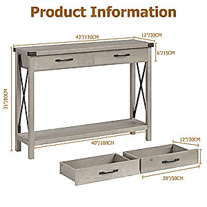 IDEALHOUSE Console Table with 2 Drawers, Farmhouse Entryway Table with Storage Shelf, Accent Wood Sofa Table for Living Room, Hallway, Foyer-Grey