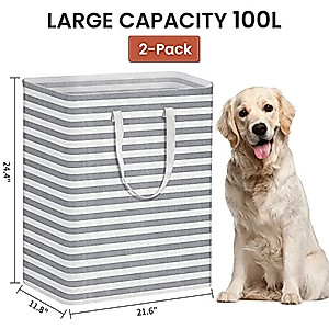 WOWBOX 100L [2 Pack] Laundry Baskets, Freestanding Laundry Hamper with Long Reinforced Handles, Large Waterproof Clothes Hamper Organizer, Collapsible Lightweight Hampers for Laundry,Clothes,Toys,Grey