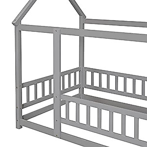 DEYOBED Twin Size Wooden Bed with House Roof Frame and Fence Guardrails, Twin Size Floor Bed Frame for Children - Gray Floor Bed