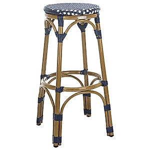 SAFAVIEH Outdoor Collection Kipnuk Navy and White and Light Brown Indoor/Outdoor Stacking Bar Stool