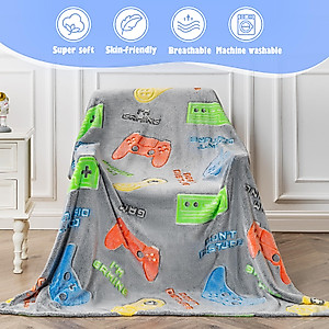 Glow in The Dark Gamer Gaming Blanket Gifts Toys for Kids Boys 1-14 Years Old Birthday Christmas Valentine's Gift Toddler Teens Boyfriends Game Controller Presents Throw Game Room Decor Grey 50"x 60"