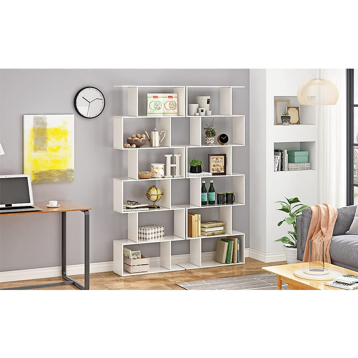Function Home Geometric Bookcase, S Shaped Bookshelf, Modern Freestanding Decorative Display Shelves, White Book Shelf for Bedroom Living Room Office