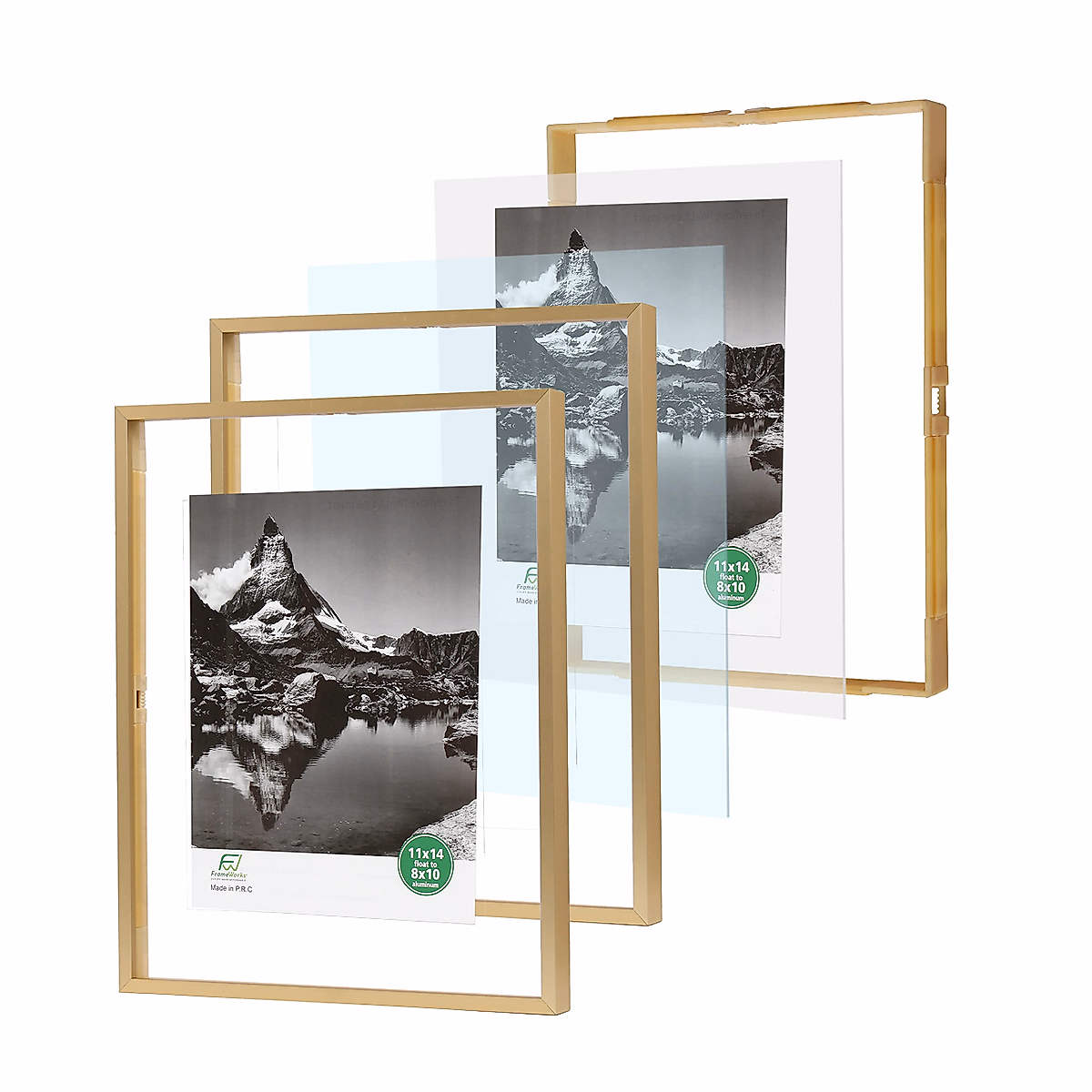 FrameWorks 11”x14” Deluxe Brass Gold Aluminum Contemporary Style Floating Picture Frame with Tempered Glass