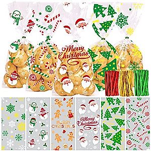 JOICEE 120PCS Christmas Cellophane Candy bags, Xmas Cello Treat Goody Bags with Ties for Christmas Holiday Party Favors