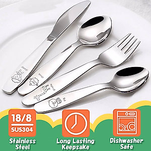 Kids Silverware Set Toddler Utensils 18/8 Stainless Steel 4PCS Fork Spoon and Knife Cutlery Child Flatware for Age 3+