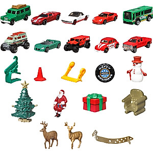 Matchbox Cars Advent Calendar, Mix of 10 Die-Cast 1:64 Scale Toy Cars, Trucks or Buses, 14 Accessories & Playmat (Styles May Vary)