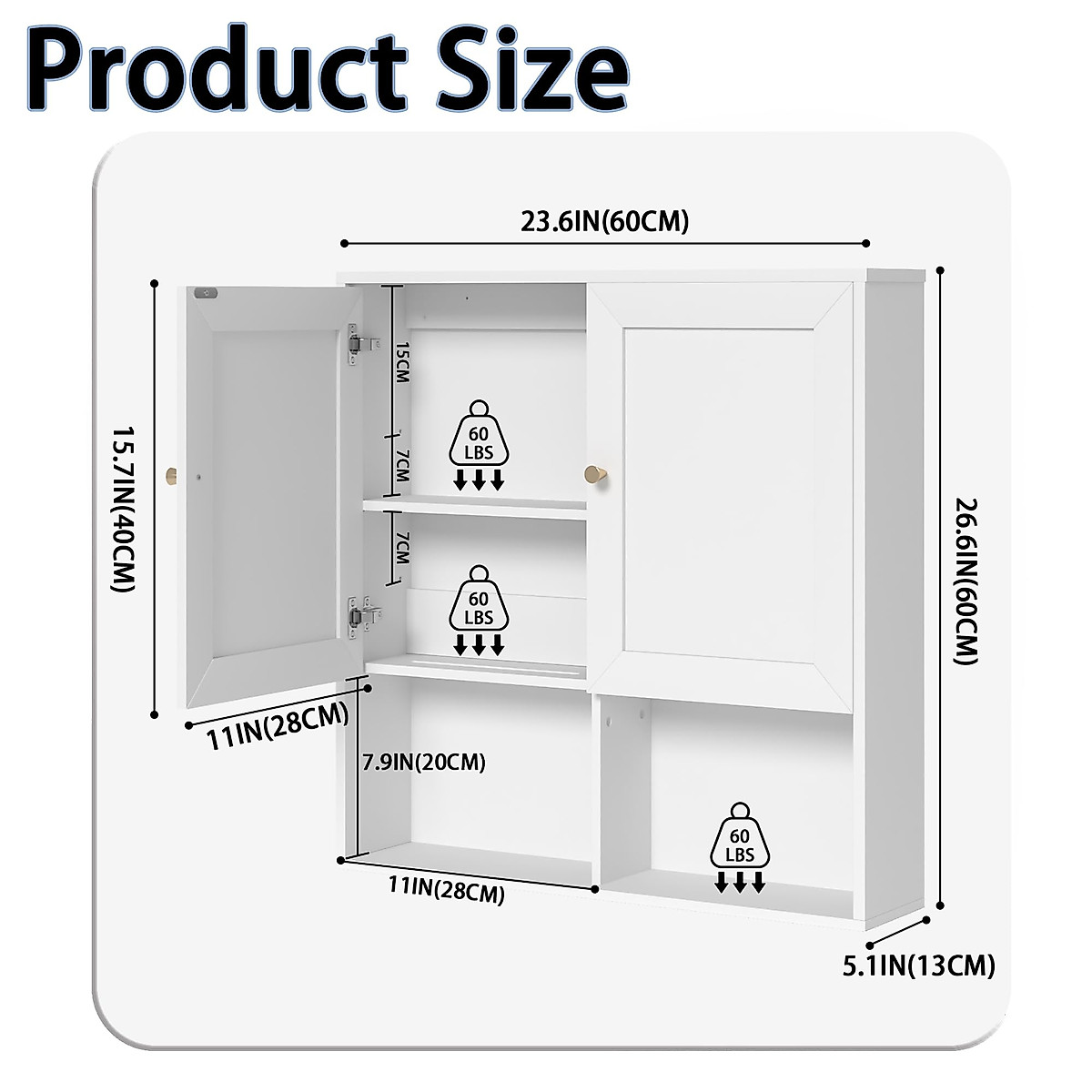 Azheruol Bathroom Wall Cabinet, Medicine Cabinet with 2 Door and Adjustable Shelves,3-Tier Wood Hanging Storage Over The Toilet,White Wall Mounted Cabinet for Bathroom, Kitchen,Laundry Room