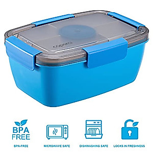 Caperci Salad Lunch Container with 68 oz Salad Bowl - Large Adult Bento Lunch Box, 5-Compartment Bento-Style Tray for Toppings, 2pcs 3-oz Sauce Cups for Dressings, Stackable, BPA-Free (Blue)