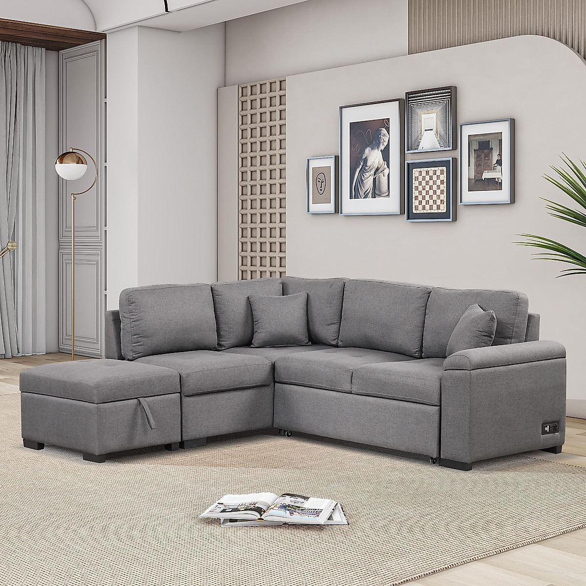 Bellemave Sectional Sleeper Sofa Pull Out Couch with Storage & USB Charging L Shaped Convertible Sofa Bed with Ottoman Pull Out Sofa Bed for Living Room Apartment, Dark Gray
