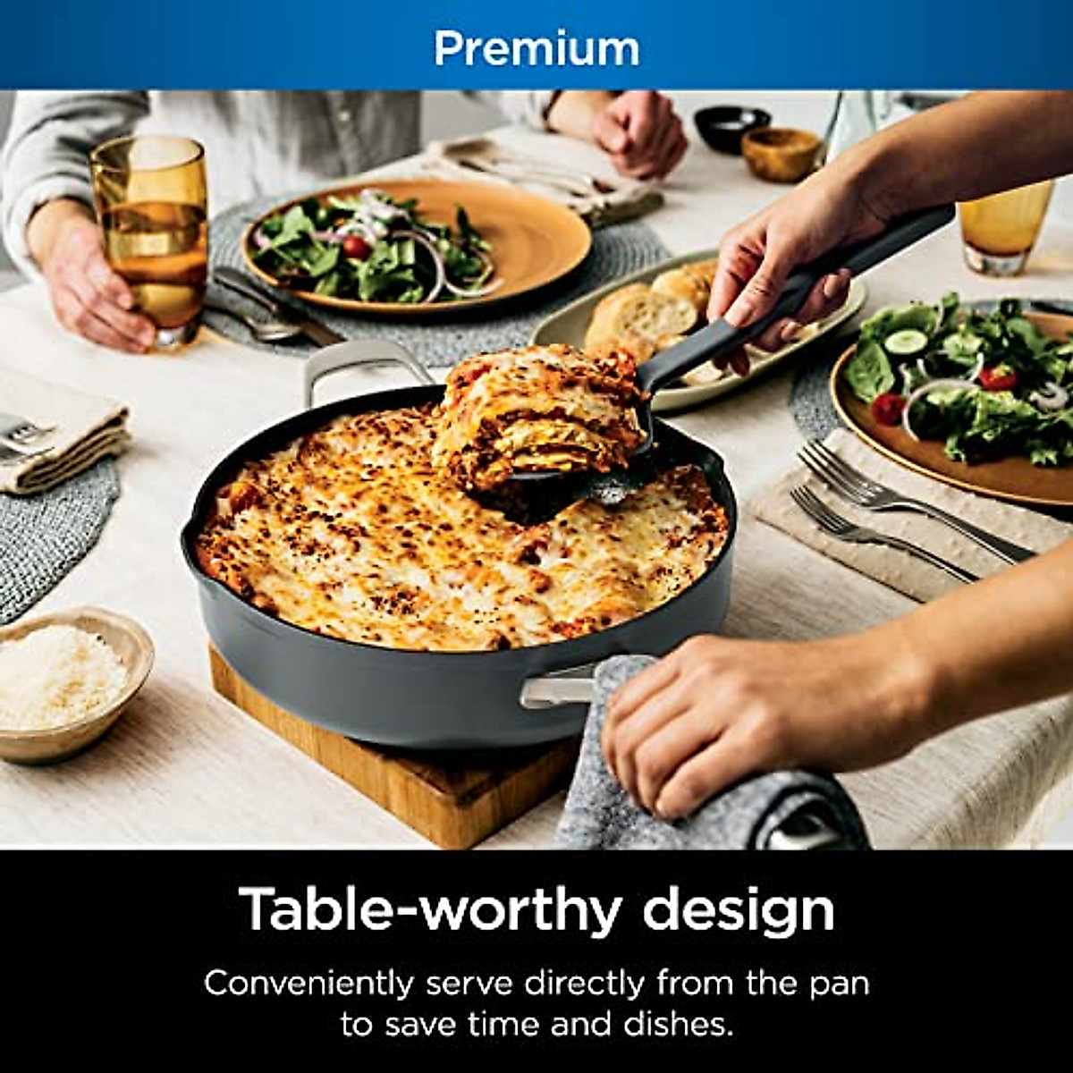 Ninja CW102GY Foodi NeverStick PossiblePan, Premium Set with 4-Quart Capacity Pan, Steamer/Strainer Basket, Glass Lid & Integrated Spatula, Nonstick, Durable & Oven Safe to 500°F, Sea Salt Grey