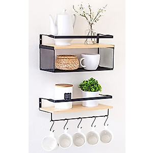 Pre-Drilled Floating Shelves for Bath, Kitchen, & Bedroom - Wall Mounted Natural Wood Floating Shelves with Steel Towel Bar, Mesh Storage Basket & Hardware for Installation - 2 Pack