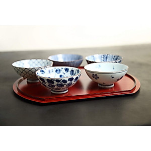 Mino Ware Japanese Pottery Set - Traditional Japanese Rice Bowls - Blue and White Asian Bowls - Hand Painted Bowls - Premium Japanese Ceramic - 5 pieces Japanese Soup Bowl Set