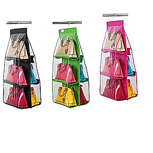 Wangmeili 6 Pockets Handbag Storage Organizer Anti-dust Cover Large Clear Bag Purse Hanging Closet Rack Hangers Shoulder Bag Save Space (Black)