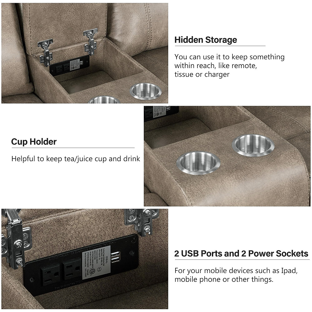 Yoglad Manual L-Shaped Reclining Sofa - Palomino Fabric Sectional Couch with 2 Cup Holders, USB Ports, Hidden Storage, 2 Power Sockets, for Living Room Apartment RV Theater (Light Brown)