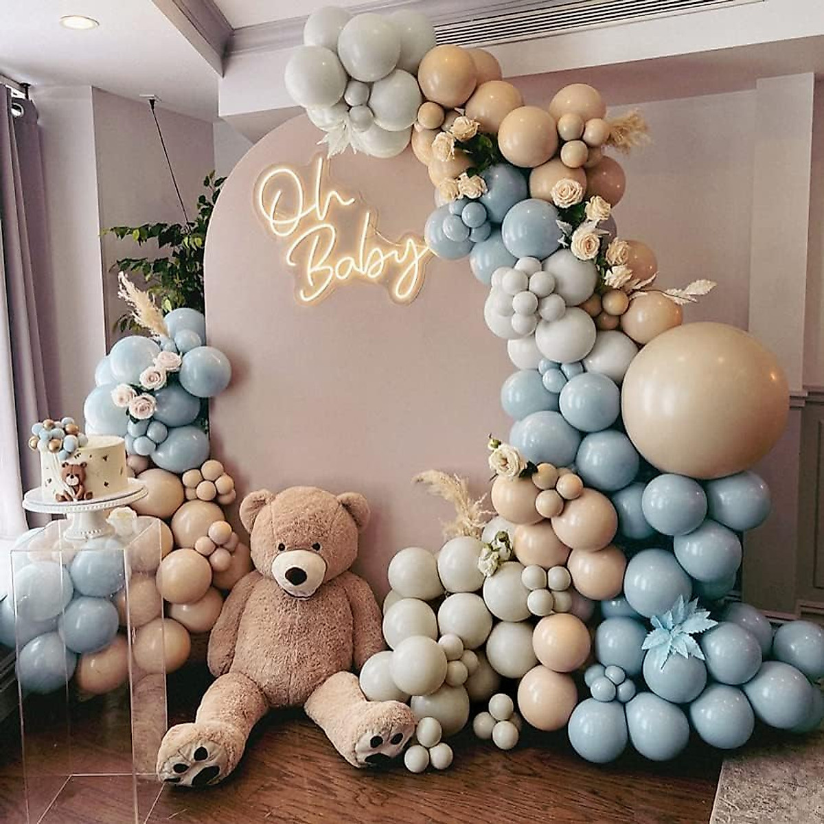 Dusty Blue Brown Balloon Garland Double Stuffed Blue Tan Balloons White Sand Grey Latex Balloons Neutral Balloon Arch Kit For Teddy Bear Baby Shower Boho Birthday Gender Reveal Party Decorations