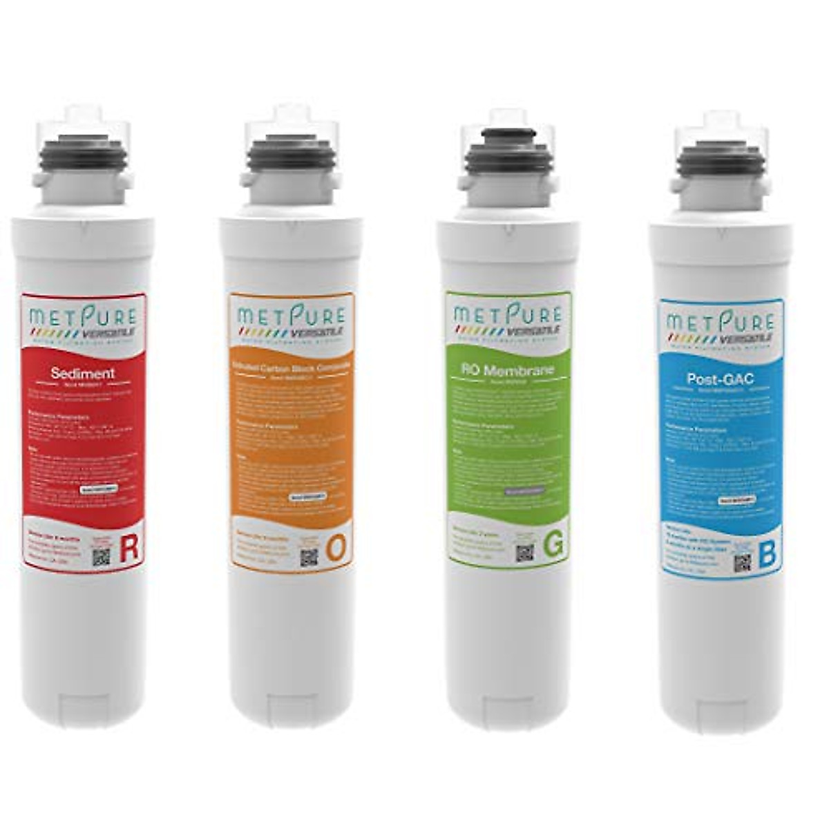 Metpure Versatile MV-ROGBSET Red (R) + Orange (O) + Green (G) + Blue (B) Quick Twist Filter Set Replacement Cartridge Bundle (1 x Sediment, 1 x Extruded Carbon Composite, 1 x 50gpd Membrane, 1 x GAC)
