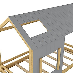 Livavege Twin Size Wooden House Bed with Roof and Window, Montessori Floor Twin Platform Bed Frame for Boys and Girls, Fun Playhouse Style w/Wooden Slats Support, No Box Spring Needed