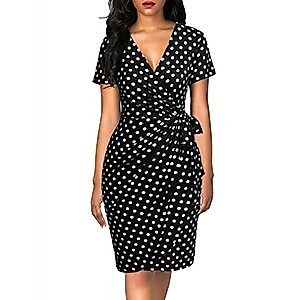 Lyrur Women's Vintage Polka Dot Black Wrap Dresses Knee Length Short Sleeves Sheath V Neck Casual Party Work Dress(L,9069-Black Dot)