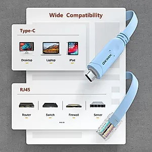 OIKWAN 10ft USB-C to RJ45 Serial Adapter，USB C to Console Cable Essential Accessory of Cisco, NETGEAR, Ubiquity, LINKSYS, TP-Link Routers/Switches for Laptops …