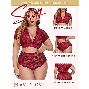 Avidlove Plus Size Lingerie Plus Floral Lace Scallop Trim Lingerie Set Deep V Allover Lace Bra Panties Set Sexy Clubwear (18W, 1 Wine Red)
