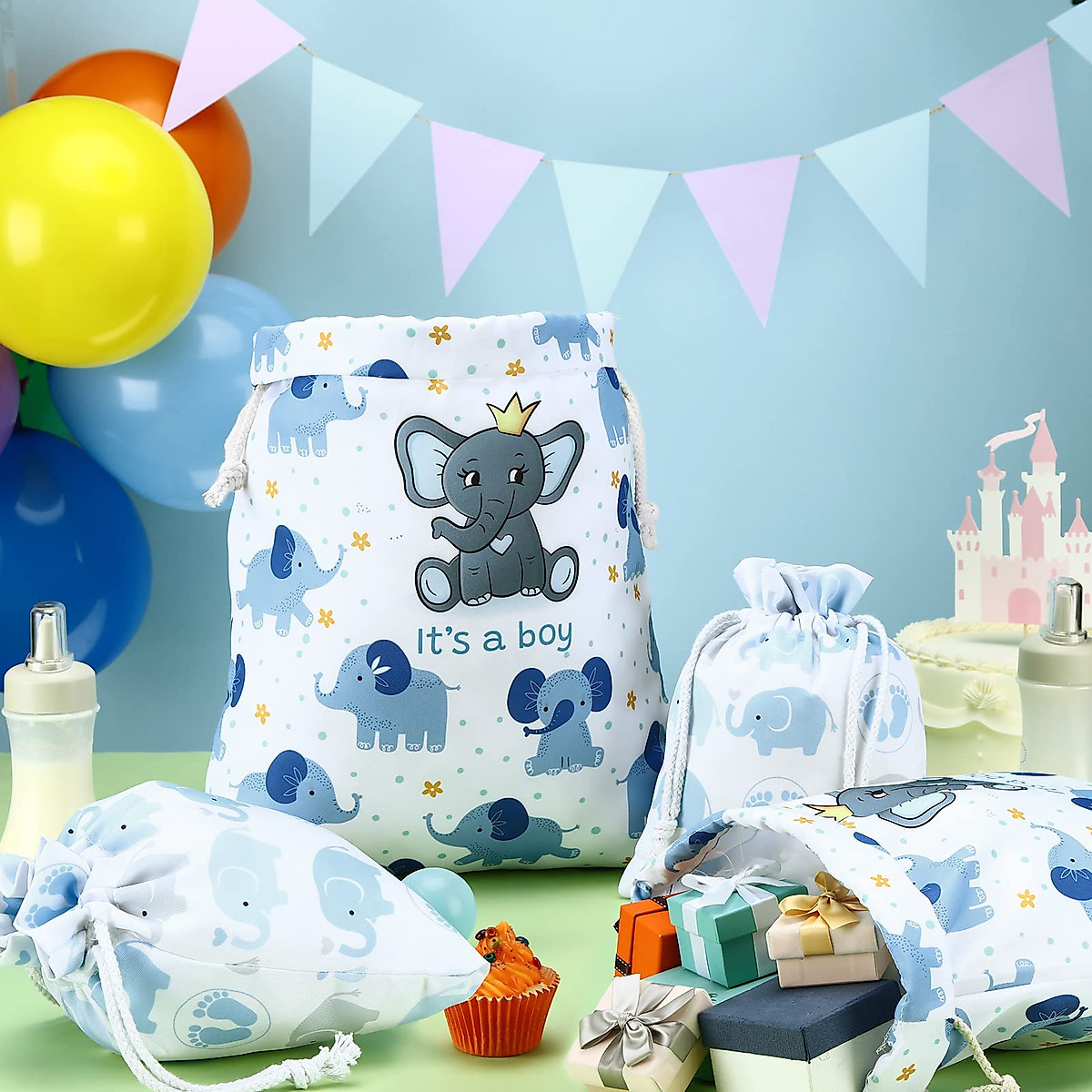 4 Pcs Large Baby Boy Shower Gift Bags Elephants Drawstring Fabric Bags 20 Inch Large 12 Inch Medium Reusable Treat Bags for Baby Shower Child's Birthday Gender Reveal Party (Elephant)