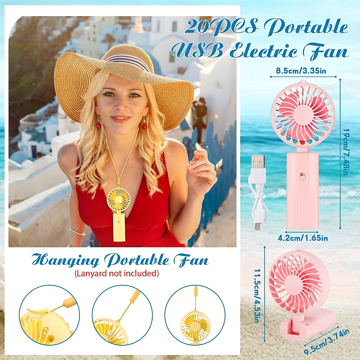 Woanger Mini Handheld Folding Fan Bulk USB Desk Fan Battery Operated Fans with Data Cable Hanging Foldable Desk Fan Small Rechargeable Pocket Fan Portable USB Electric Fan (20 Pcs)
