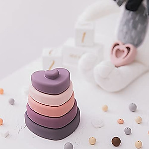 Baby Step Silicone Stacking Toys for Babies – Soft Building Tower & Baby Teether, Educational Ring Stacker Baby Sensory Toy, 6 Pieces Heart Shaped Purple Stacking Rings Tower
