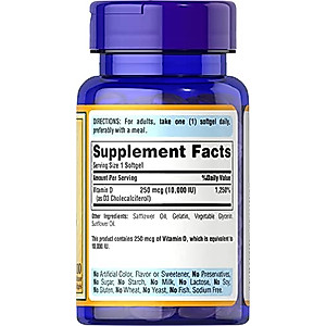 Puritans Pride Vitamin D3 10000 IU Bolsters Health Immune System Support and Healthy Bones & Teeth Softgels, Yellow, 100 Count