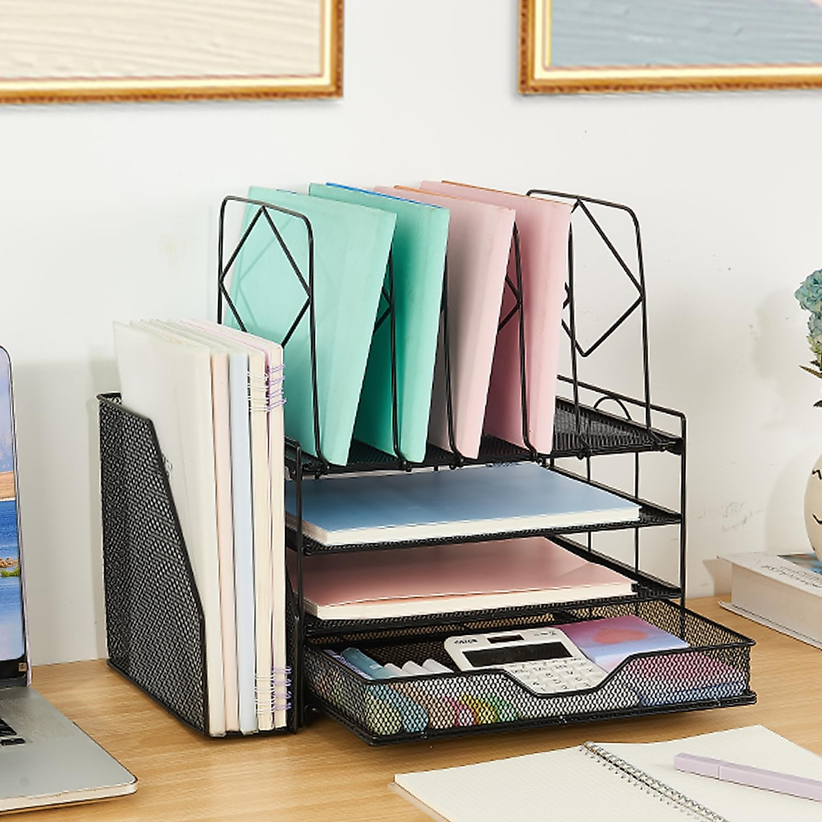 Spacrea Modern Minimalist Black 4-Tier Letter Trays Paper Organizer with File Holder and Drawer, Desk Accessories