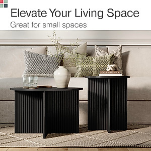 Round Fluted Nesting Coffee Table - 2 Piece Coffee Table Set - Living Room Furniture - Modern Home Decor - Solid Wood Base and Wood Grain Veneer Top (Blackened Oak)