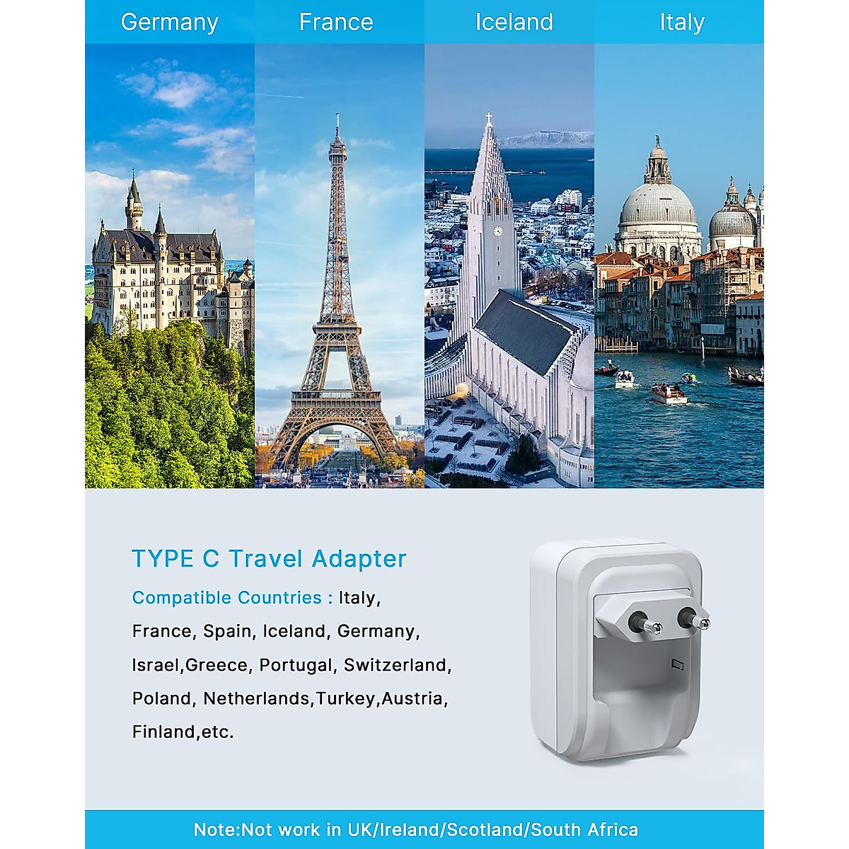 1 Pack European Travel Plug Adapter, VINTAR Foldable International Power Plug with 2 AC Outlets 3 USB Ports(2 USB C), Type C Travel Essentials Charger for US to Most of Europe EU Italy Spain France