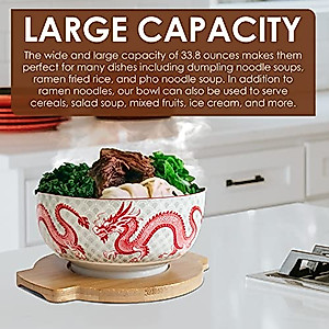 XWORLD Japanese Ceramic Ramen Noodle Bowls Set with Ceramic Spoon, Bamboo Chopsticks, Lid & Trivet, Serving Capacity of 33.8 OZ, Microwavable Oven Safety (3.3” x 6.6” D) (Red Dragon)