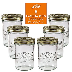 Le Parfait Familia Wiss Terrine Wide Mouth French Glass Jar w/Airtight 2-Piece System Gold Lids | Ideal for Food Storage, Canning, Meal Prep, Cake Jar & DIY Crafts | 24oz Pint/Half (Pack of 6) 750ml