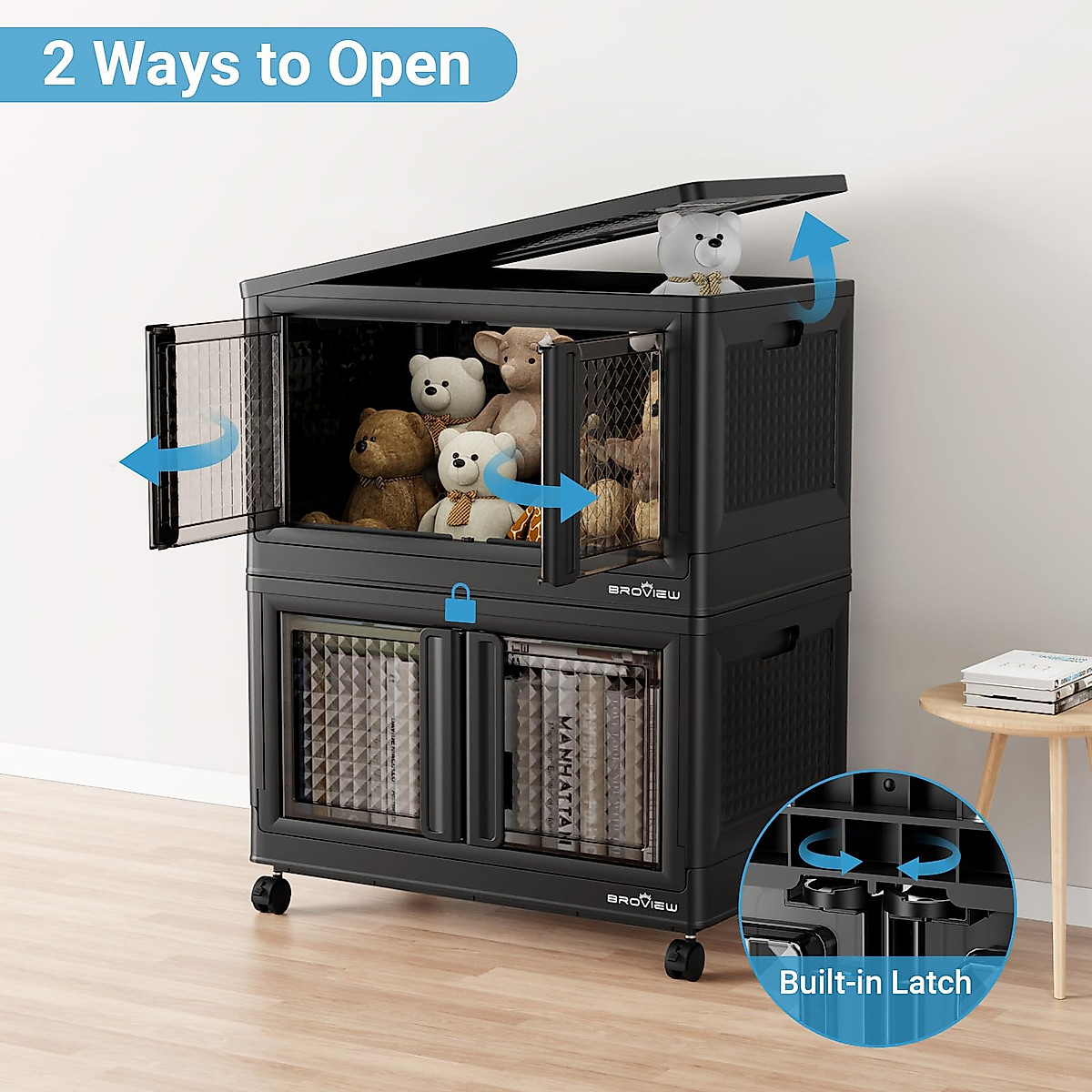 BROVIEW 320Qt Stackable Storage Bins with Lids, 80Gal Plastic Collapsible Storage Bins with Doors and Wheels, Closet Organizers and Storage, Black Folding Storage Cabinet for Home Garage, 4 Pack Cube