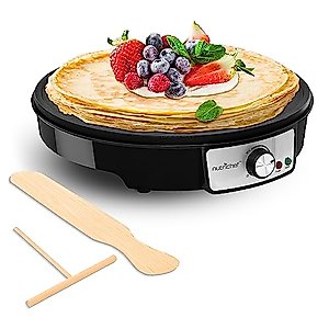 Electric Griddle Crepe Maker Cooktop - Nonstick 12 Inch Aluminum Hot Plate with LED Indicator Lights & Adjustable Temperature Control - Wooden Spatula & Batter Spreader Included - NutriChef PCRM12
