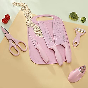 cute knife set includes 3 kitchen knives, ceramic peeler and multipurpose scissor, dishwasher safe, good for beginners