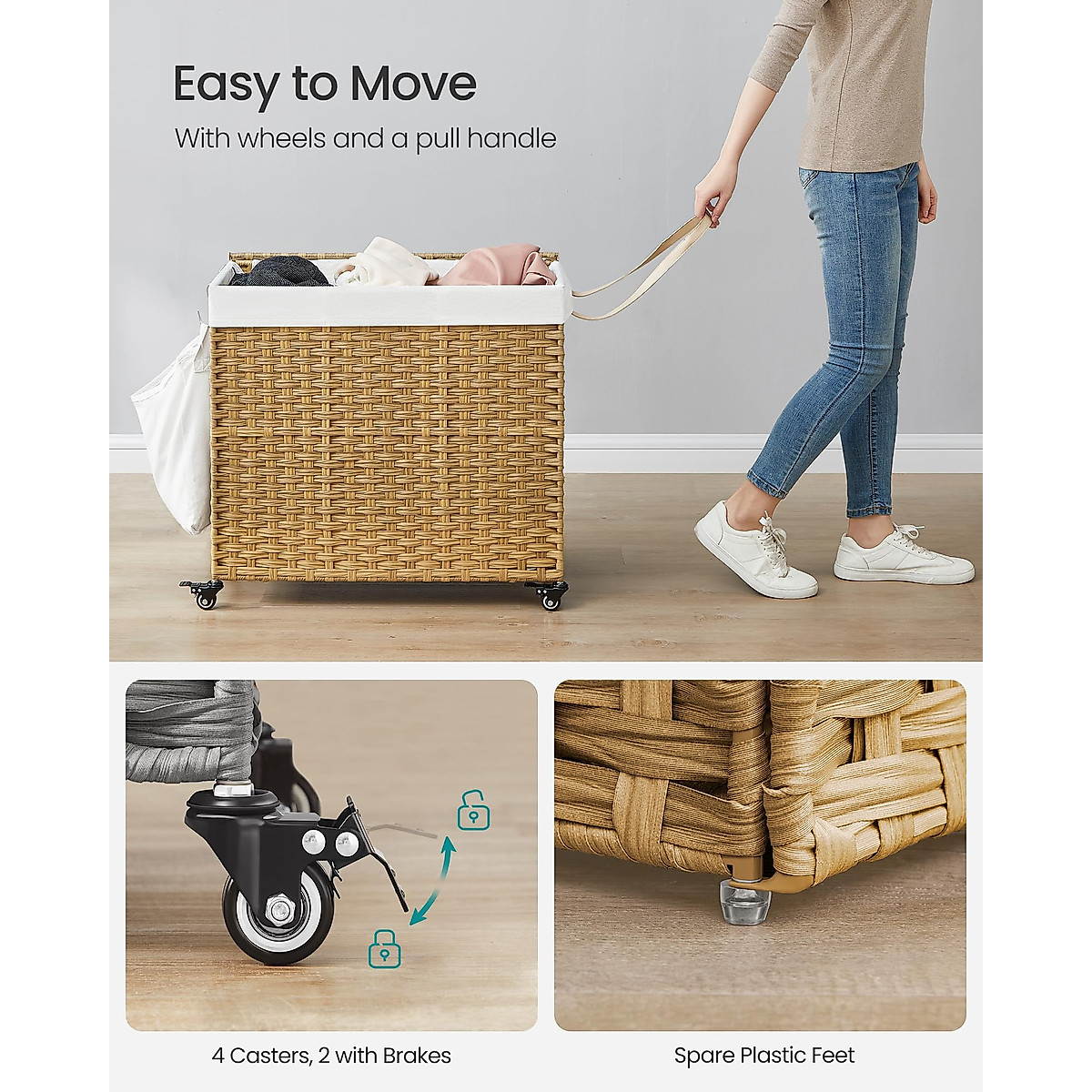 SONGMICS Laundry Hamper with Lid, 42.3 Gallons (160 L), Rolling Laundry Basket with Wheels, 3-Section Synthetic Rattan, Removable Liner, Bedroom, 27.6 x 14.2 x 26 Inches, Natural ULCB365N01