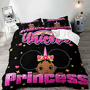 LUVIVIHOME 2PCS Unicorn Afro Princess Bedding Set, Pink Black Duvet Cover Twin, Kids Toddler Girls Bedding, African American Girl Cute Black Girl Magic Comforter Bedspread Quilt Cover, 1 Pillow Case