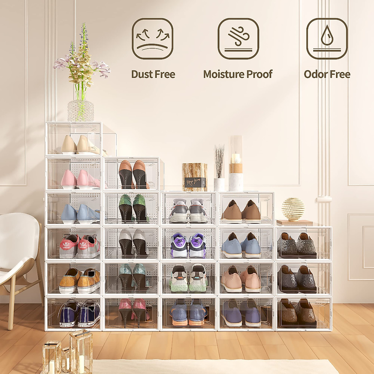 12 Pack XX Large Shoe Organizer Storage Boxes for Closet, Modular Space Saving Shoe Boxes Clear Plastic Stackable Sneaker Containers Display Case with Lids, White