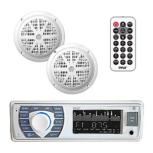 Pyle PLMRKT36WT 5.25 Inch Waterproof Bluetooth Marine Stereo Receiver and Speaker Kit with Hands Free Calling and Wireless Streaming, AM/FM Radio, MP3/USB/SD Input, White (2 Pack)
