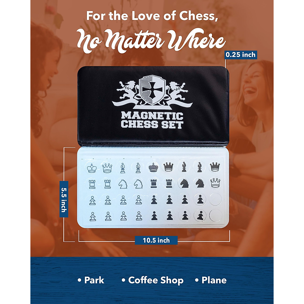 WE Games Mini Chess Set – 10 inch Foldable Pocket Chess Set, Flat Magnetic Chess Pieces, Portable and Travel Chess Set for Adults, White Logo