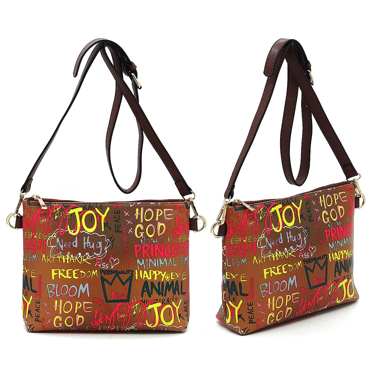 2pcs Set Multicolor Graffiti Printed Bucket Chian Strap Hobo Shoulder Bag & Crossbody Bag 2-in-1 Set Bag (Tan/Yellow)