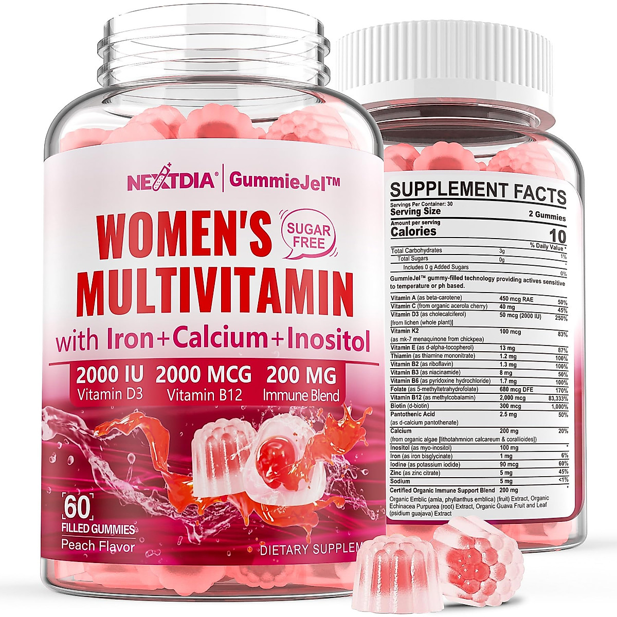 Sugar-Free Methylated Multivitamin for Women Gummies w/Algae Calcium, Vitamin A, C, D3, E, K, B12, Iron, Folate, Biotin, Inositol - Multi Vitamins & Minerals for Skin, Hair, Energy, Immune, Bone Vegan