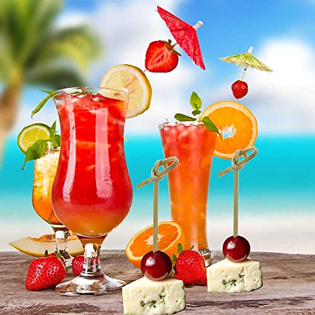 344 Pcs Set - 144 Drink Umbrellas and 200 Bamboo Knot Picks 6" - Appetizer skewers, Cocktail Umbrellas for Drinks, Toothpicks for Appetizers, Tiki Drink Umbrellas, Cocktail Picks