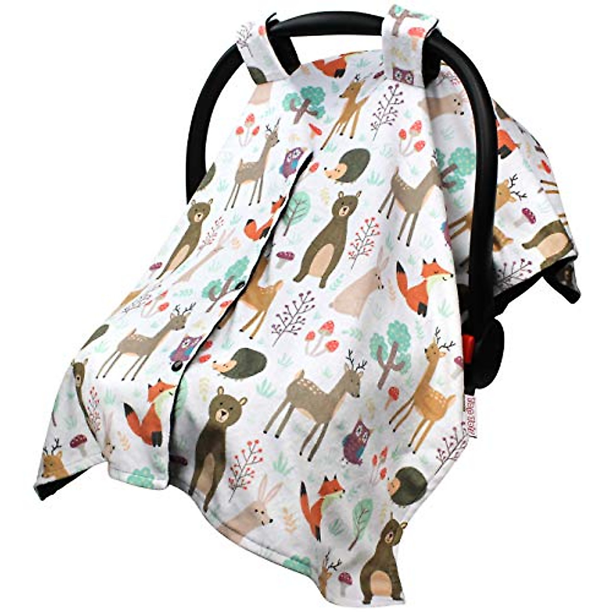 Baby Car Seat Canopy Cover - Forest Animals Bear Deer Fox Owl Rabbit with Dark Brown Minky Dot