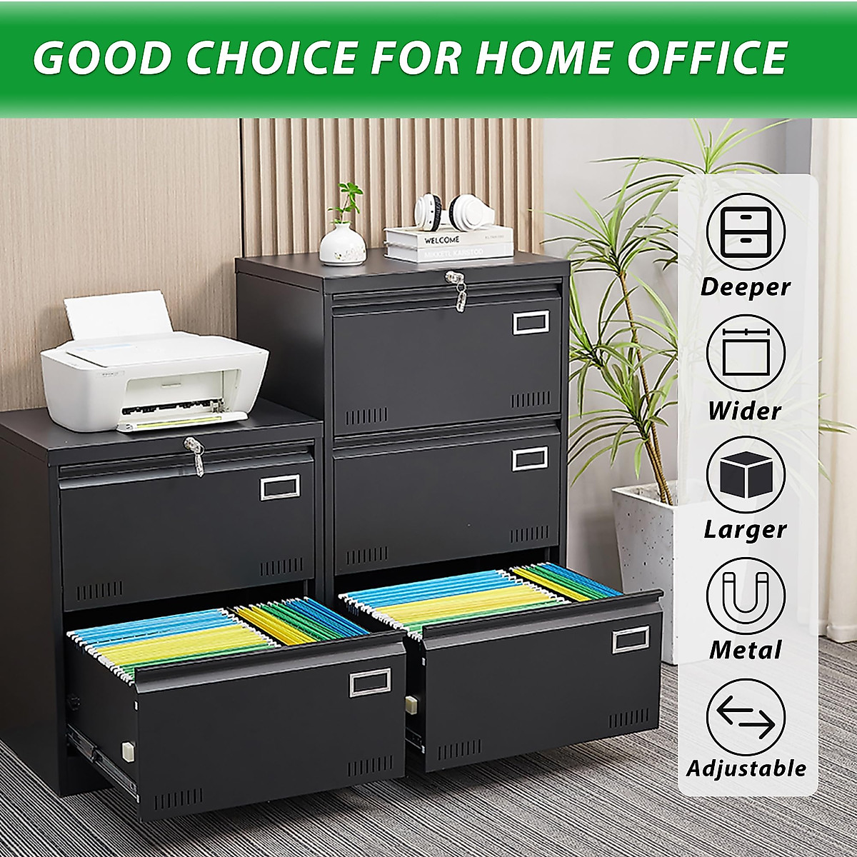 Nanberone Lateral File Cabinet, 2 Drawer Metal Lateral Filing Cabinet Hanging File with Lock for for Legal/Letter/F4 Size, Large Printer Stand Lockable File Cabinets for Home Office School, Black