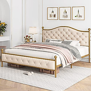 HIFIT Queen Size Platform Bed Frame with Elegant Button Tufted Curved Headboard, Velvet Upholstered Bed Frame with No Noise, Heavy Duty Metal Frame Foundation, No Box Spring Needed, Gold-Beige