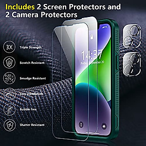SPIDERCASE for iPhone 14 Case, [15 FT Military Grade Drop Protection][Non-Slip] [2+Tempered Glass Screen Protectors][2+Tempered Camera Lens Protectors] Heavy Duty Shockproof Case, Dark Green