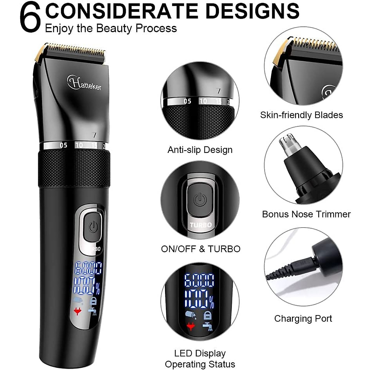 Hatteker Cordless Hair Clipper Beard Hair Trimmer Hair Cutting Kit for Men Women Kids Barber Clippers Nose Hair Trimmer IPX7 Waterproof Professional